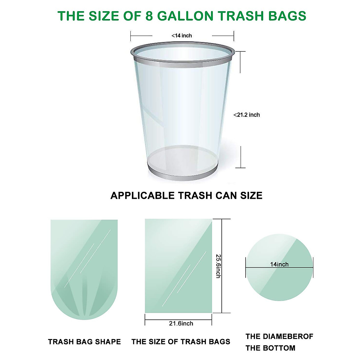 8 Gallon Trash Bags Bathroom Trash Bags, AYOTEE 40 Count Ultra Strong Unscented Garbage Bags Clear Trash Bags Waste Basket Liners for Bathroom, Kitchen,Bedroom, Office, Pet, Car(Green)