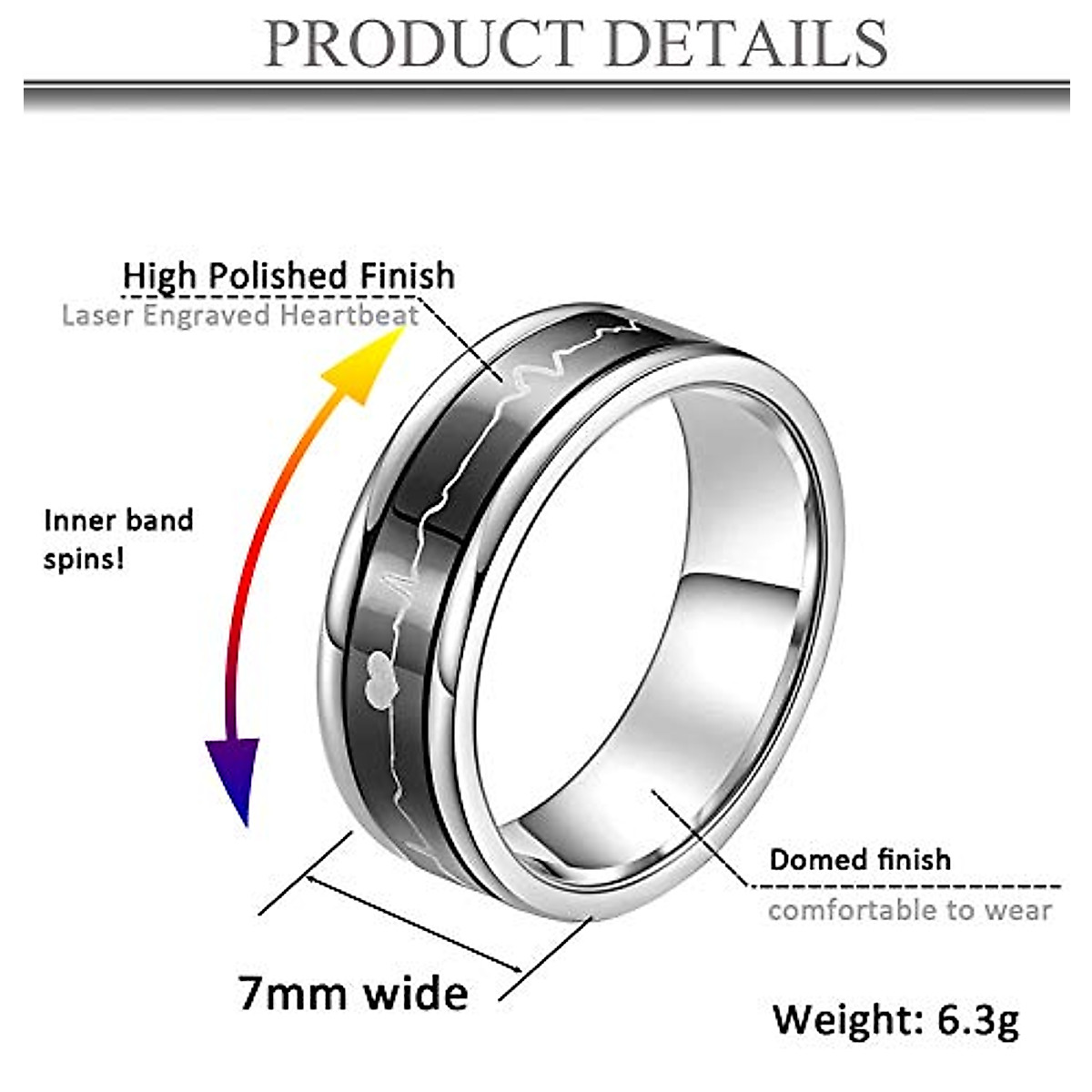 ALEXTINA 7MM Smooth Stainless Steel Spinner Rings for Women Men Heartbeat Couple Rings Black Size 6
