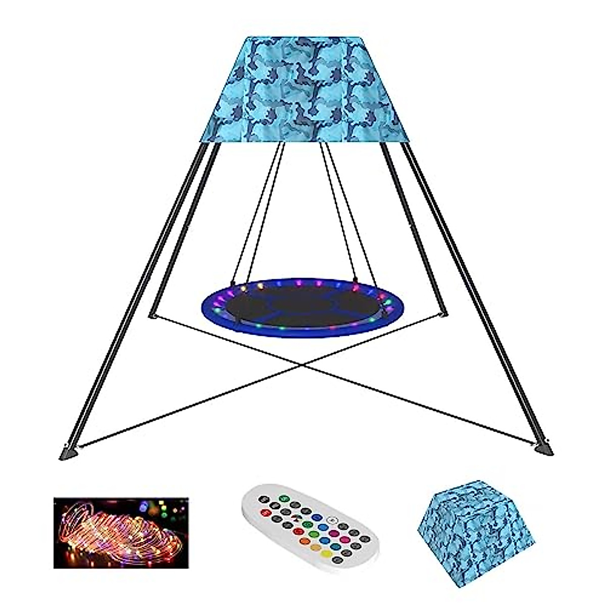 Detachable Hanging Chair Swing Tent Set with LED Strips, Nest Swing Stand for Boys/Girls, Hanging Swing Seat with Tent & Swing for Boys Girls Garden Backyard Playground