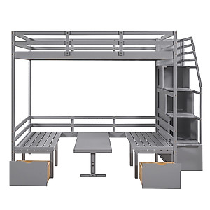 BOVZA Full Over Full Bunk Bed with Staircase, Convertible Dorm Loft Bed with Desk, Seat and Storage Drawers for Kids Boys Girls Teens, Gray
