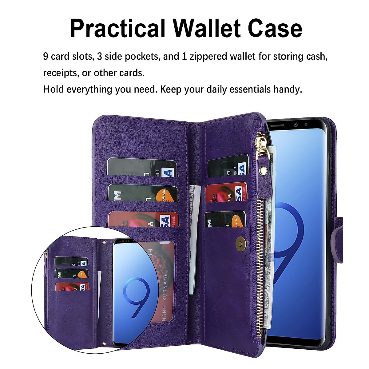 Ｈａｖａｙａ Crossbody Phone case for Samsung Galaxy S9 Plus case with Strap for Women with Card Holder for Galaxy s9+Plus Zipper flip Wallet Cover with Credit Card Slot and Kickstand-Purple