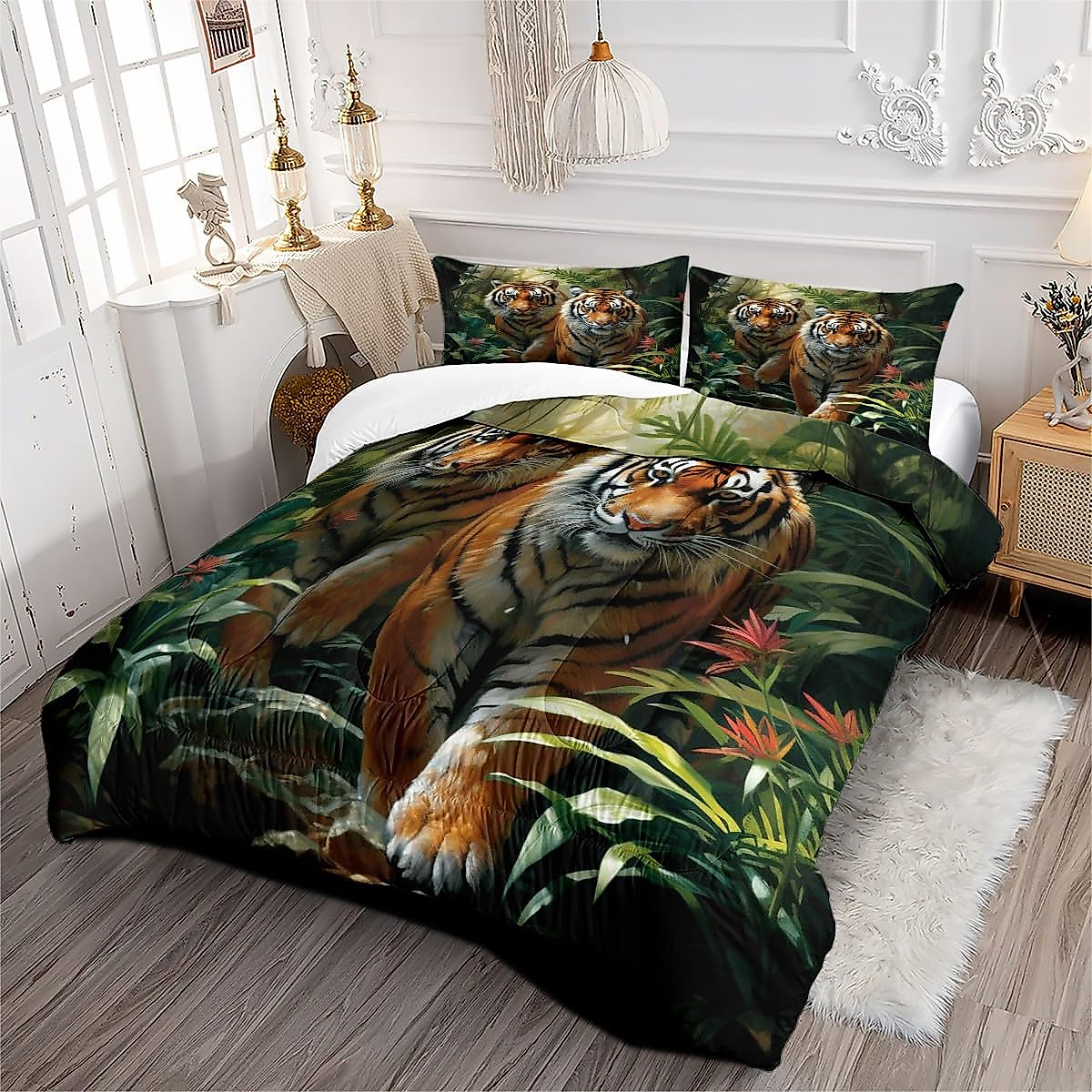 Ydtwnyq Tiger Bedding Set King, Dark Green Comforter Set, Tropical Plants Wildlife Animal Tiger Comforter Set Quilt Cover with 2 Pillowcases for Kids Teens Adults