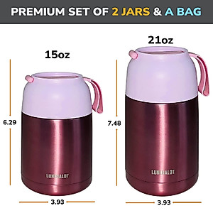 LUNCHALOT Insulated Food Jar for Hot Food in a Bag - 15 & 21 Oz Soup Lunch Box Container for Adults Vacuum Stainless Steel Jar & Foldable Spoons - Pink Wide Mouth Flask for Work Travel