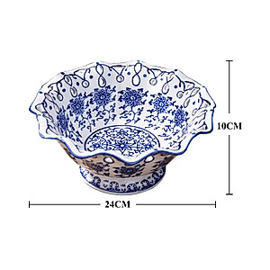 Fruit Bowl Fruit Serving Plate Blue and White Porcelain Decoration Bowl with Foot for Living Dining Drawing Room, 24cm (Blue&White-with foot)