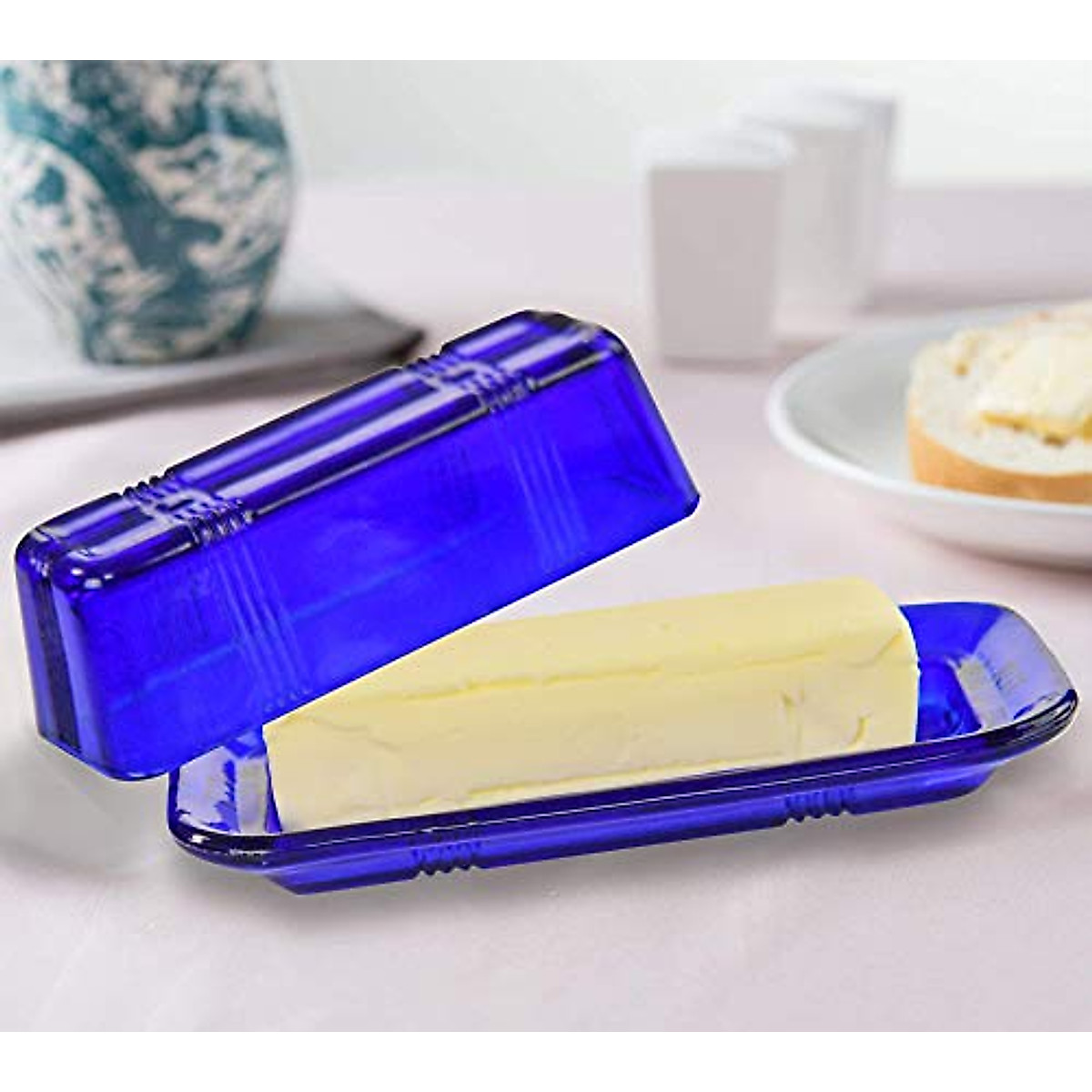 Home-X Glass Butter Dish with Lid - Vintage Style Butter Keeper for Countertop, Retro Butter Container with Cover, Dishwasher Safe Butter Holder, 6 3/4" L x 3 1/4" W x 2 1/2" H, Blue