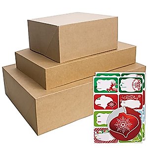 12 Rustic Kraft Gift Boxes with Lids for wrapping Large Clothes and 80 Count Foil Christmas Tag Stickers (Assorted size for wrapping Robes,Sweater, Coat Shirts and Clothes xmas Holiday Present)