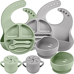Potchen 14 Pack Baby Feeding Set, Silicone Baby Led Weaning Feeding Supplies with Suction Bowl Divided Plate Adjustable Bib Soft Spoon Fork Snack Cup with Lid Drinking Cup, Utensil (Army Green, Grey)