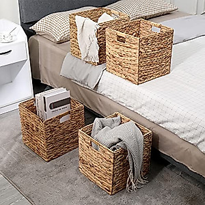 JCLD&YO9 Foldable Handwoven Water Hyacinth Storage Baskets Wicker Cube Baskets Rectangular Laundry Organizer Totes,Set of 4 Pcs,12x12x12inch