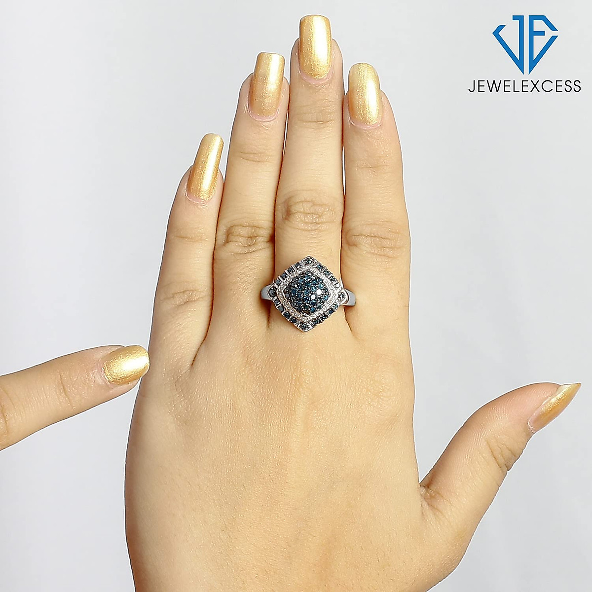 JEWELEXCESS Sterling Silver Blue & White 1 Carat Diamond Ring for Women| Dual-Colored Ring Band with Round Diamonds