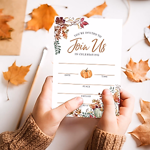 Whaline Fall Invitations 25 Sets Autumn Leaves Pumpkin Invitation Cards with Envelopes Stickers Rustic Harvest Blank Invites for Thanksgiving Wedding Birthday Baby Shower, 5 x 7 Inch