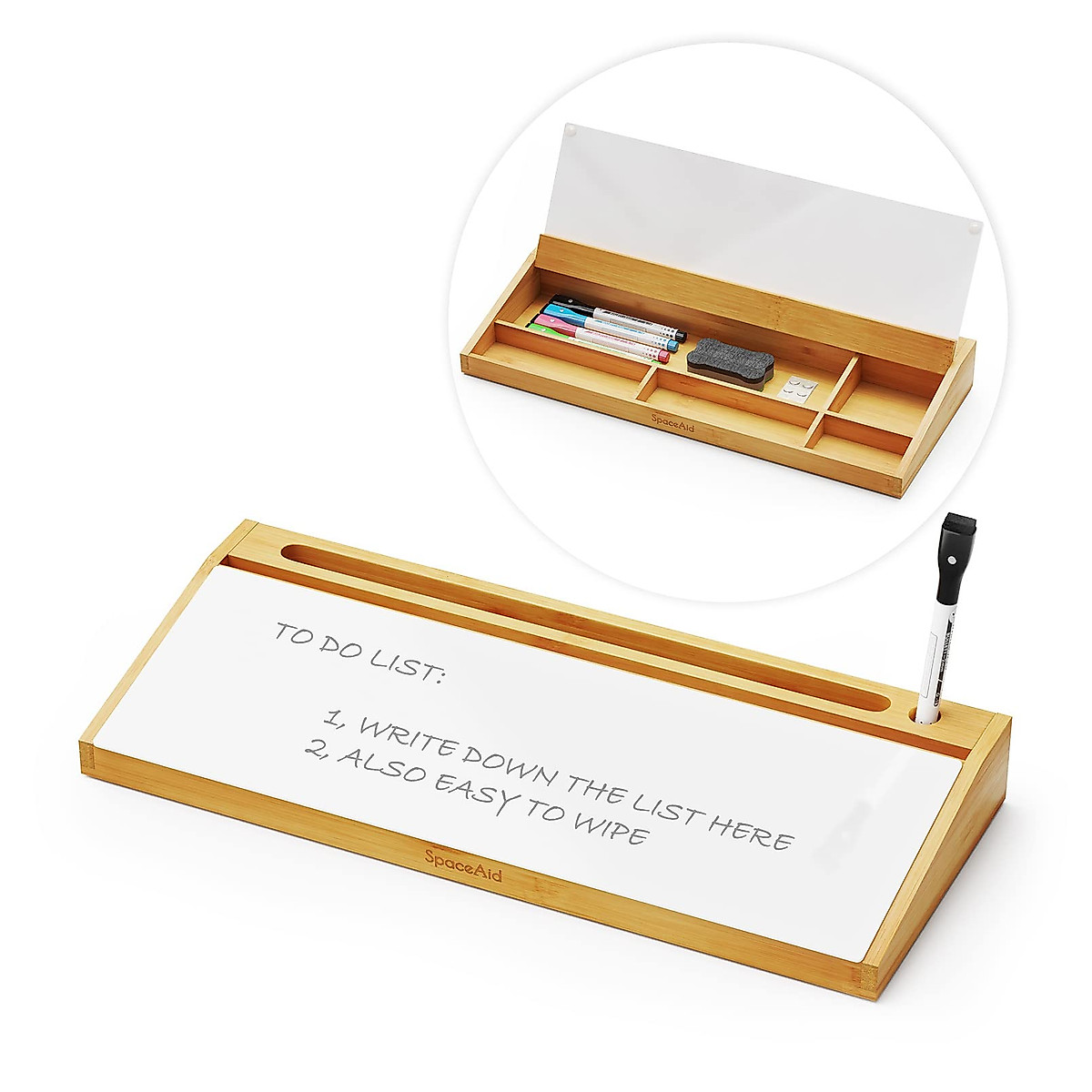 SpaceAid Bamboo Desktop Whiteboard with Organizer Box, Office Desk Dry Erase White Board Holder, Computer Keyboard Stand Pad for Office Supplies Storage (Natural)