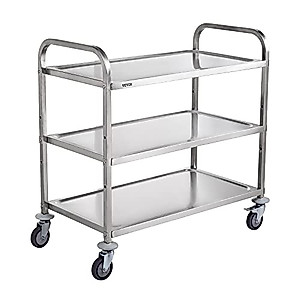 VEVOR Kitchen Utility Cart, 37.5"x19.7"x37.7" 3 Tiers Wire Rolling Cart, 450LBS Capacity Steel Service Cart with Brake Wheels, Storage Trolley with 80mm Basket PP Liner 6 Hooks, Indoor & Outdoor Use