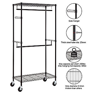 Finnhomy Heavy Duty Rolling Garment Rack Clothes Rack with Double Hanger Rods and Shelves, Portable Closet Organizer with Wheels, 1'' Diameter Thicken Steel Tube Hold Up to 300Lbs, Black