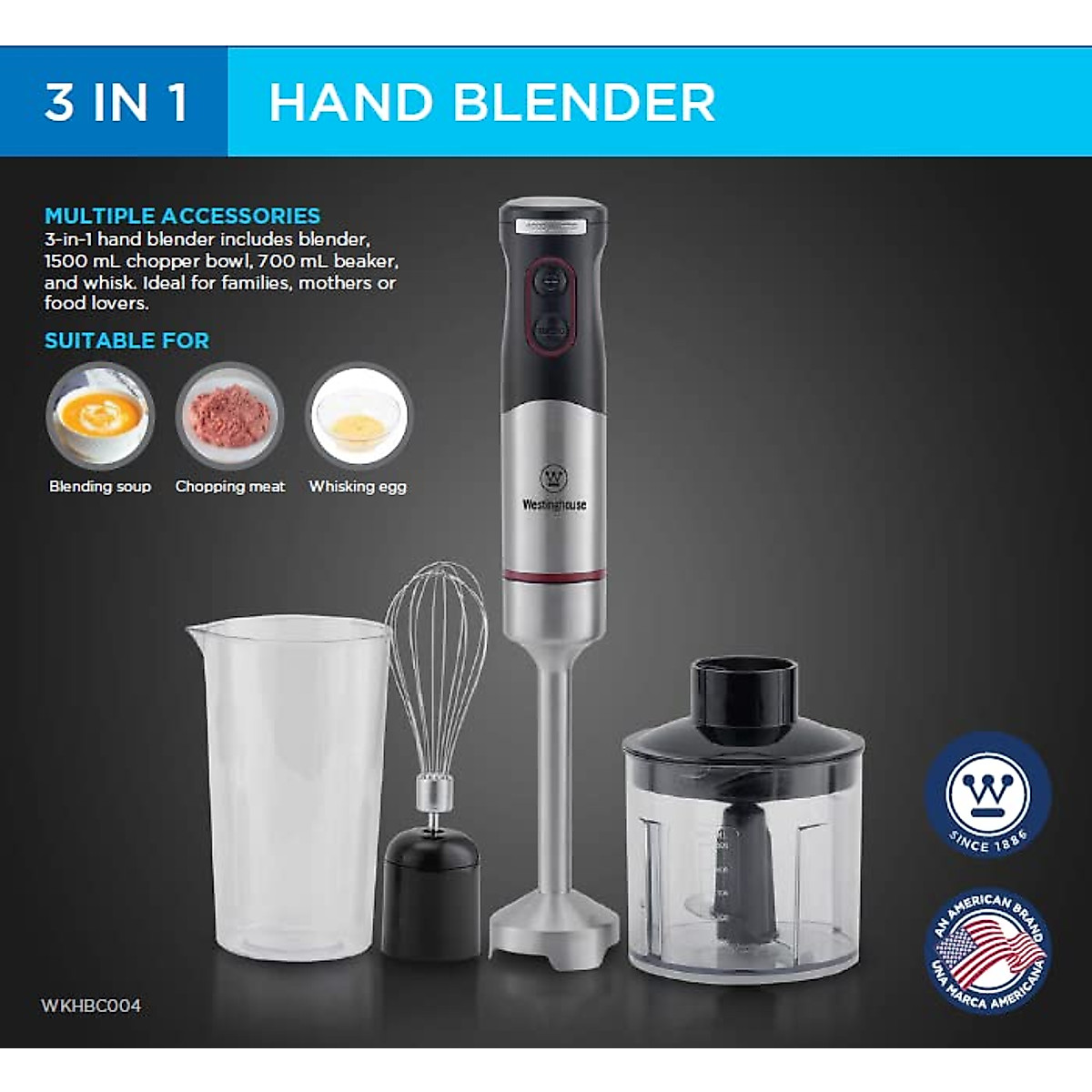 Westinghouse 220 Volt Hand Blender 1000W - 3 in 1 Hand blender includes blending shaft, 500 ml chopper bowl, 700 ml beaker and whisk-220V 240V (Not For Use In USA)