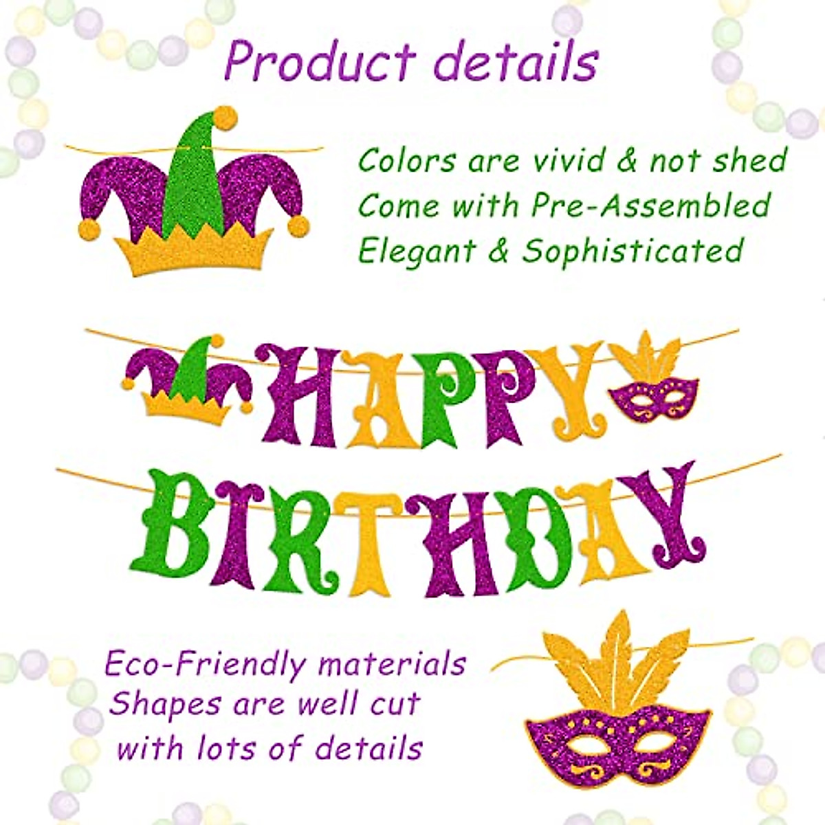 Mardi Gras Birthday Decoration Carnival Happy Birthday Banner Glitter Green Gold Purple Hanging Swirls Decor Fat Tuesday New Orleans Masquerade fleur de lis Theme Festival Party Supplies