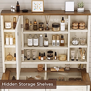 BTHFST Farmhouse Vanity with Glass Top & Charging Station, Vanity Desk with Touch Screen Mirror and Lights, Makeup Vanity with 5 Drawers & Shelves & Cabinet, Antique White