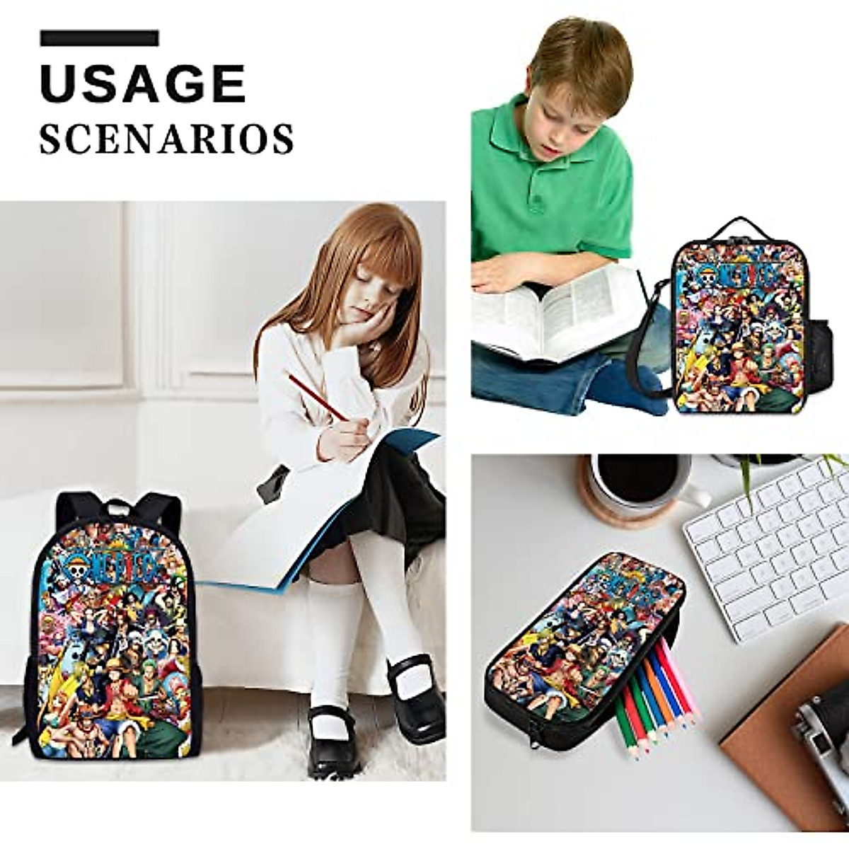 URYLVUG Japanese Anime 3 in 1 Backpack Set, Cosplay Daypack, Insulated Lunch Bag for Work, Pencil Case for Boys Girls, Large-capacity Travel Bag - Blue