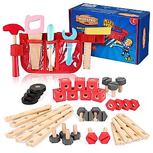 WORKPRO Wooden Building Toy Tools Set, 43 Pcs Building Toy Set Creative&Educational Construction Toy, Great Gift for Toddlers 3+