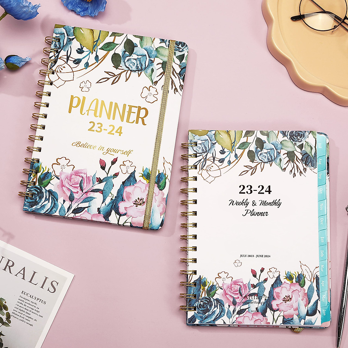 2023 Planner - Planner/Calendar 2023, Jan.2023 - Dec.2023, 2023 Planner Weekly & Monthly with Tabs, 6.4" x 8.5", Hardcover + Back Pocket + Twin-Wire Binding, Daily Organizer - Flower