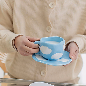 Noviko Cloud Cup with Saucer Blue Coffee Mug Latte Cup Cute Teacup and Saucer, Dishwasher and Microwave Safe, 10 oz