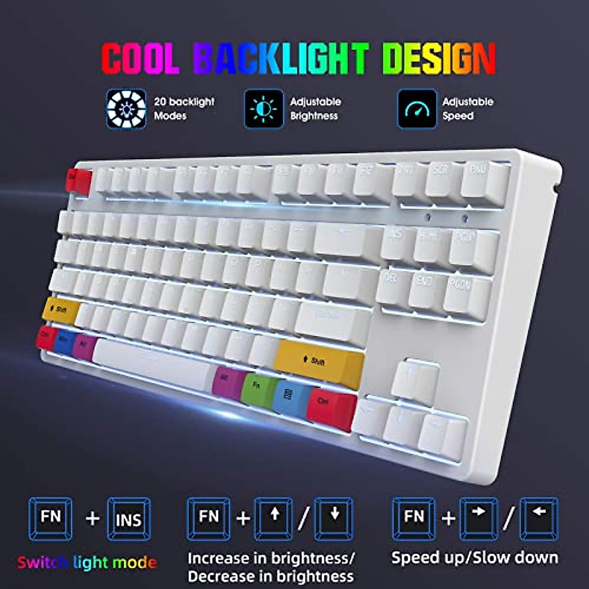 Wired Keyboard, Fashion Appearance 20 LED White Light Effects Mechanical Keyboard Ergonomic Design for Work for Home Gaming for Office(White)