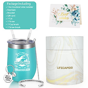 Lifecapido Mom Gifts - Don't Mess with Mama Saurus Insulated Wine Tumbler, Mamasaurus Wine Tumbler with Lid Straw, Mother's Day Birthday Christmas Gifts for Mom Mother New Mom Stepmom, 12oz Aqua Blue
