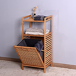 Tilt Out Laundry Hamper Cabinet with 2-Tier Storage Shelves, Removable Clothes Basket with Easy Carry, Bamboo Tower Hamper Organizer for Bathroom, Bedroom, Laundry Room, Closet, Nursery