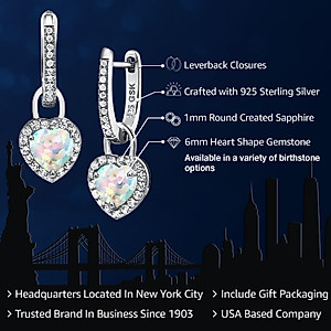 Gem Stone King 925 Sterling Silver Heart Gemstone Birthstone and White Created Sapphire Earrings | Heart Shape 6MM | Drop Dangle Earrings for Women