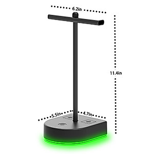 BGMUTCX RGB Dual Headphone Stand with USB Charging Port, Desk Gaming Double Headset Holder，Durable Hanger Rack-Suitable for Desktop Table, Game, DJ, Earphone, PC, PS4, PS5, Xbox Gamer Accessories