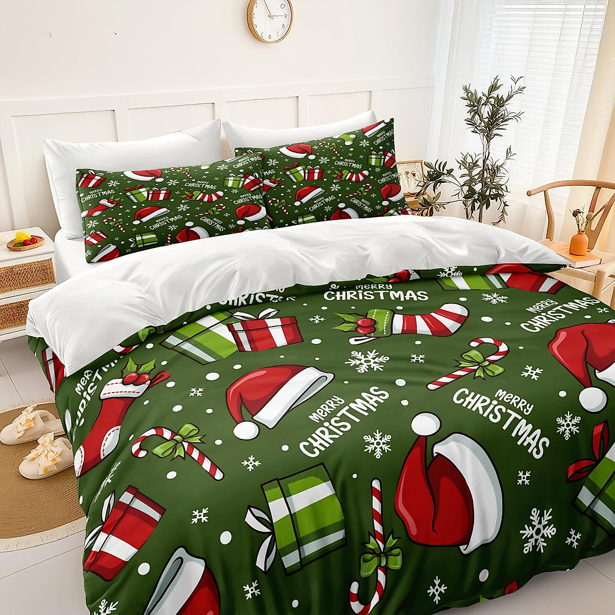 Christmas Bedding Green Christmas Duvet Cover Set Christmas Hat Stocking Printed Xmas Festival Bedding Set Queen 1 Duvet Cover 2 Pillowcases (Queen, Christmas)