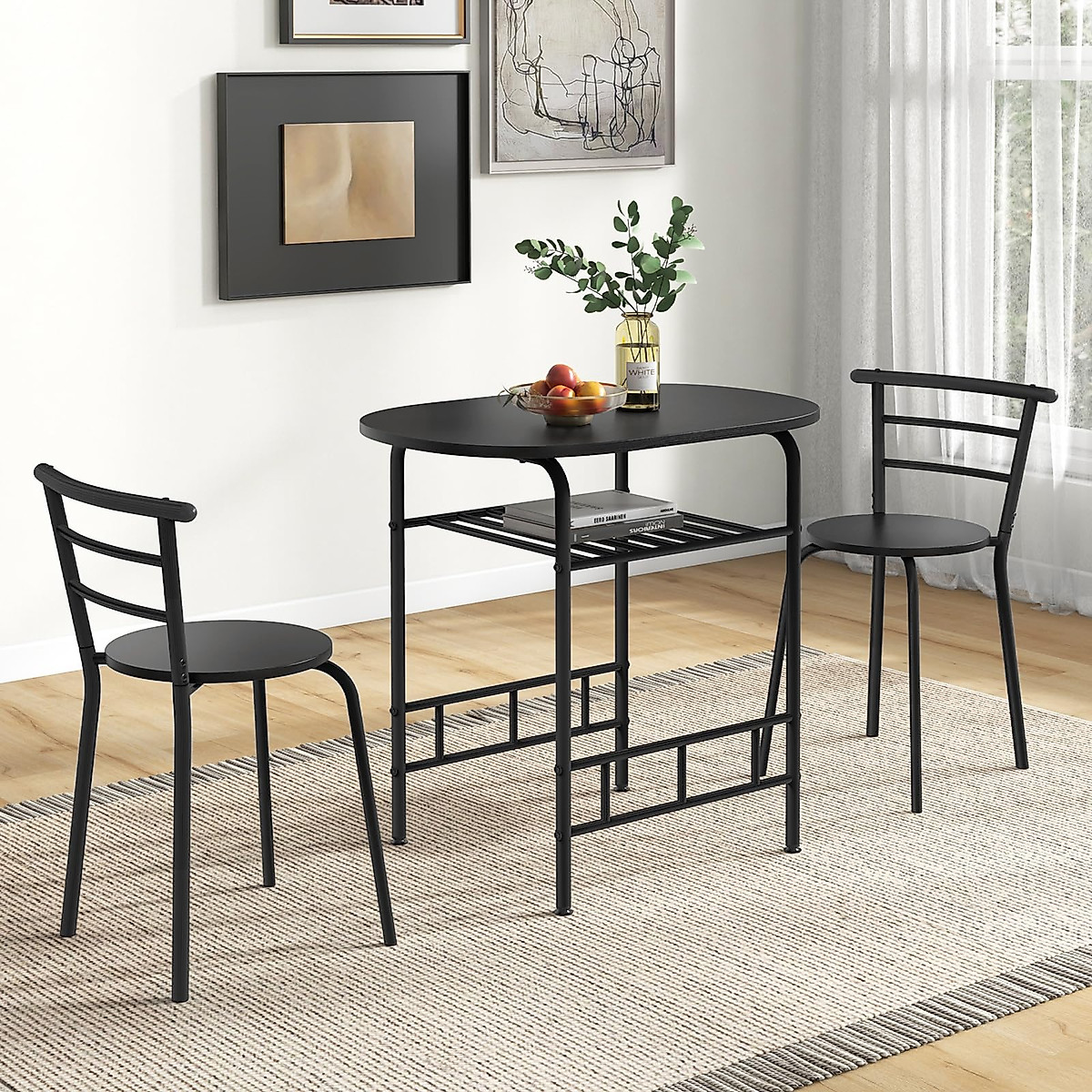 Giantex 3 Piece Dining Set Compact 2 Chairs and Table Set with Metal Frame and Shelf Storage Bistro Pub Breakfast Space Saving for Apartment and Kitchen (Black)