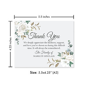 Hello Love Goods White Floral Sympathy Thank You Cards, Funeral Thank You Cards, Personalized Bereavement Notes with Envelopes, 5.5x4.25 Flat Notecards
