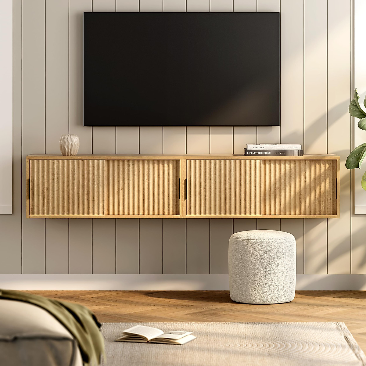 EYYTHUNG Fluted Wall Cabinet with Sliding Doors, Modern Large Floating Nightstand Storage Shelf Bedside Tables for Bedroom, Study Room Natural Oak