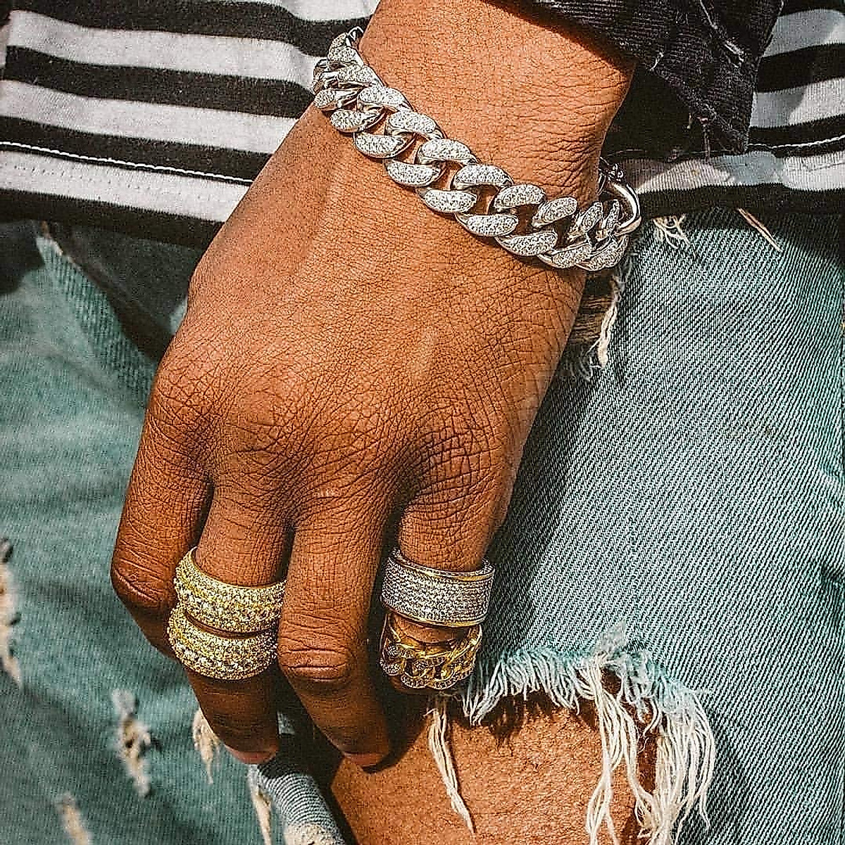 Apzzic 10mm Iced Out Gold Plated 5 Row Cubic Zirconia Diamond Hip Hop Eternity Band Engagement Ring for Men Women Gold Size 9