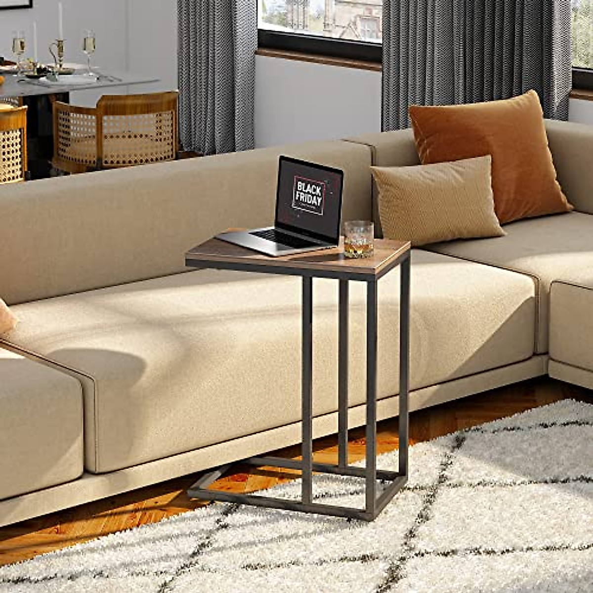 WLIVE Side Table Set of 2, C Shaped End Table for Couch, Sofa and Bed, Large Desktop C Table for Living Room, Bedroom, Brown and Black