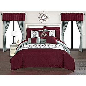 Chic Home BCS06738-AN Emily 20 Piece Comforter Set Color Block Floral Embroidered Bag Bedding, King, Burgundy