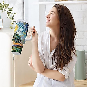 RPLIFE Starry Night Beautiful Tree Blue Coffee Tumbler with Handle, Stainless Steel Coffee Tumbler, Drinking Cups with Lids and Straws