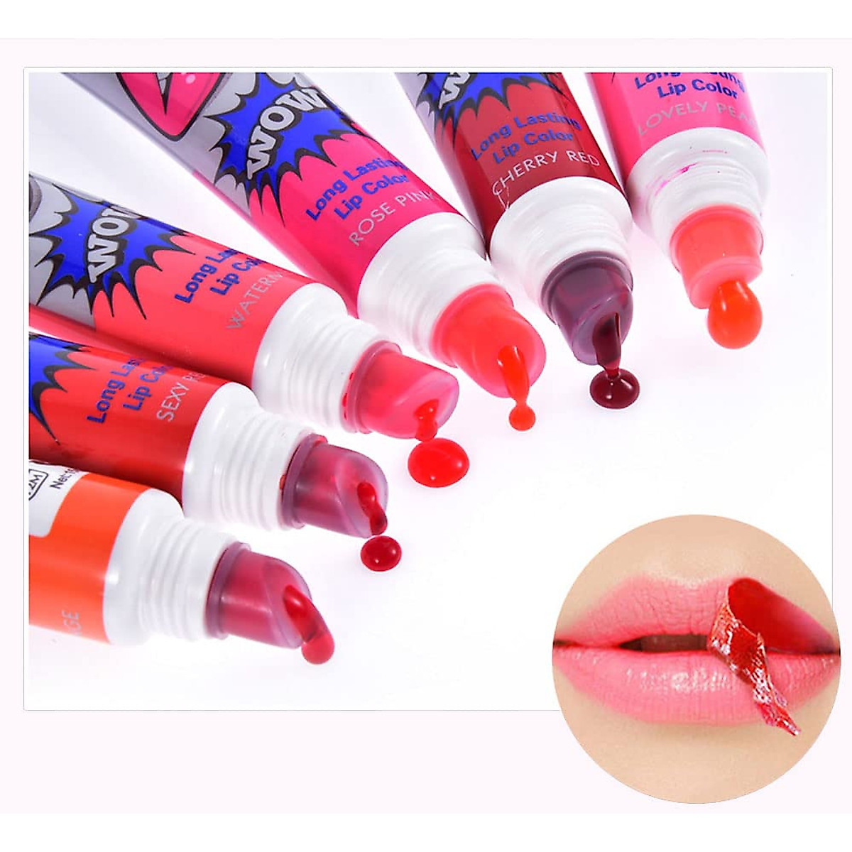 6-PACK Peel-Off Colored Lip Stain Gloss + Applicator Stick | Variety of SIX Luscious, Sexy Colors | Apply, Let Dry, Peel Away, and Look Beautiful!