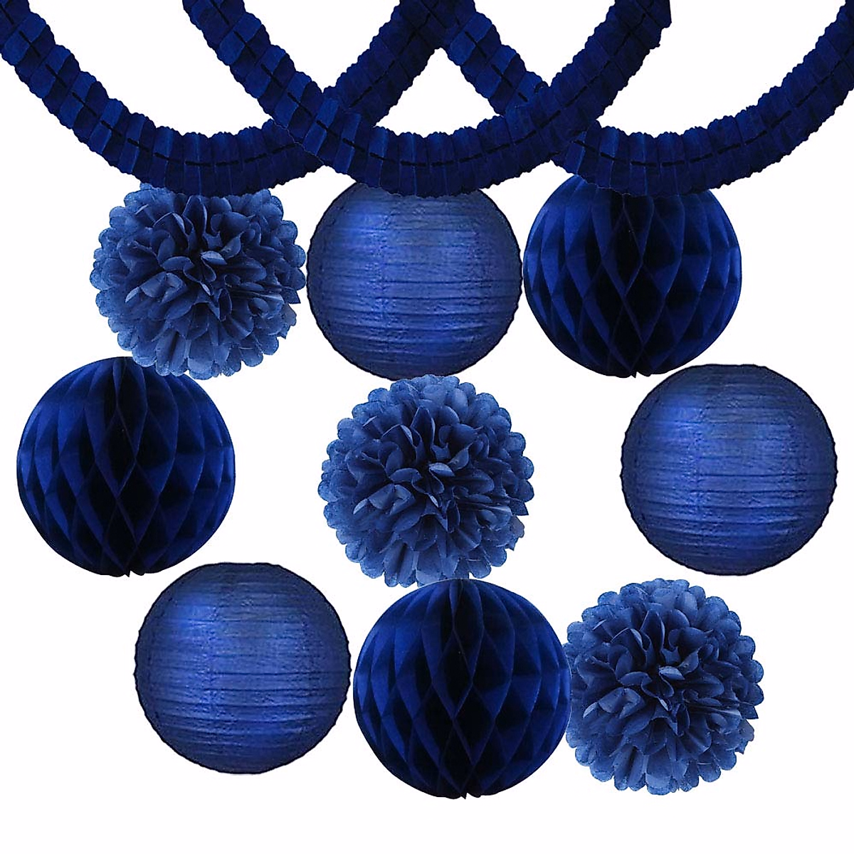 12PCS Nautical Party Decor Set Tissue Paper Pom Pom + Streamers Garland + Paper Lantern Navy Blue Themed Wedding Decorations Birthday Party Decorations Baby Shower Bridal Shower Nursery Decor