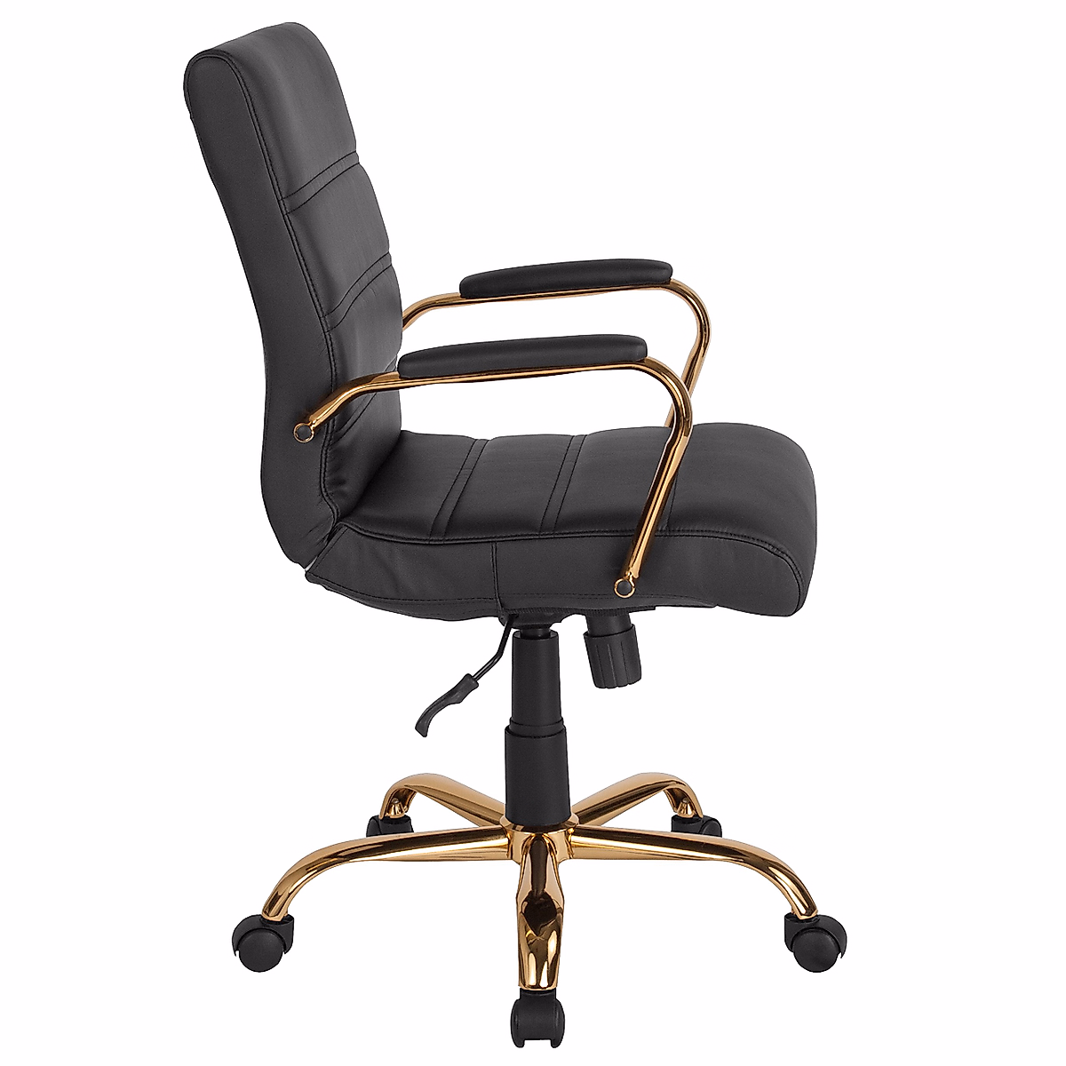 EMMA + OLIVER Mid-Back Black LeatherSoft Executive Swivel Office Chair with Gold Frame/Arms