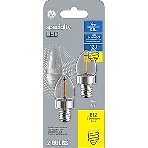 GE Lighting LED Night Light Bulb (0.5 Watt), 3 Lumen, C7 Light Bulbs with Candelabra Light Bulb Base, 2-Pack LED Small Light Bulbs, Clear, 8.6-Year Life, (13887)