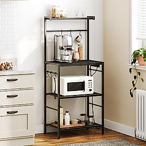 MAHANCRIS Bakers Rack with Charging Station, Microwave Stand with 6 S-Shaped Hooks, 4-Tier Storage Rack, Multifunctional Coffee Bar, for Kitchen, Dining Room, Charcoal Gray and Black BRHT35E01N1