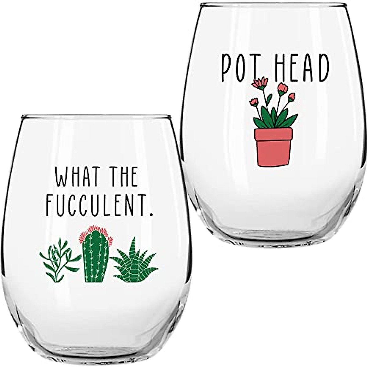 Succulent Plant Cactus Gifts for Women- Set of 2 Funny Wine Glasses 15oz - Plant Lover Gift Mug - What the Fucculent- Pot Head Crazy - Plant Lady Wine Glass Tumbler - Custom Stemless Wine Glasses
