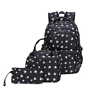 Goldwheat 3Pcs Dog Paw Prints Backpack and Lunch-Bag Set for Girls School Student Book Bag Middle School-Bag