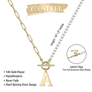 Dainty Initial Pearl Necklace for Women, 14K Gold Plated Paperclip Link Chain Necklace Toggle Clasp Necklace Initial Necklaces Gold Jewelry for Women Letter M