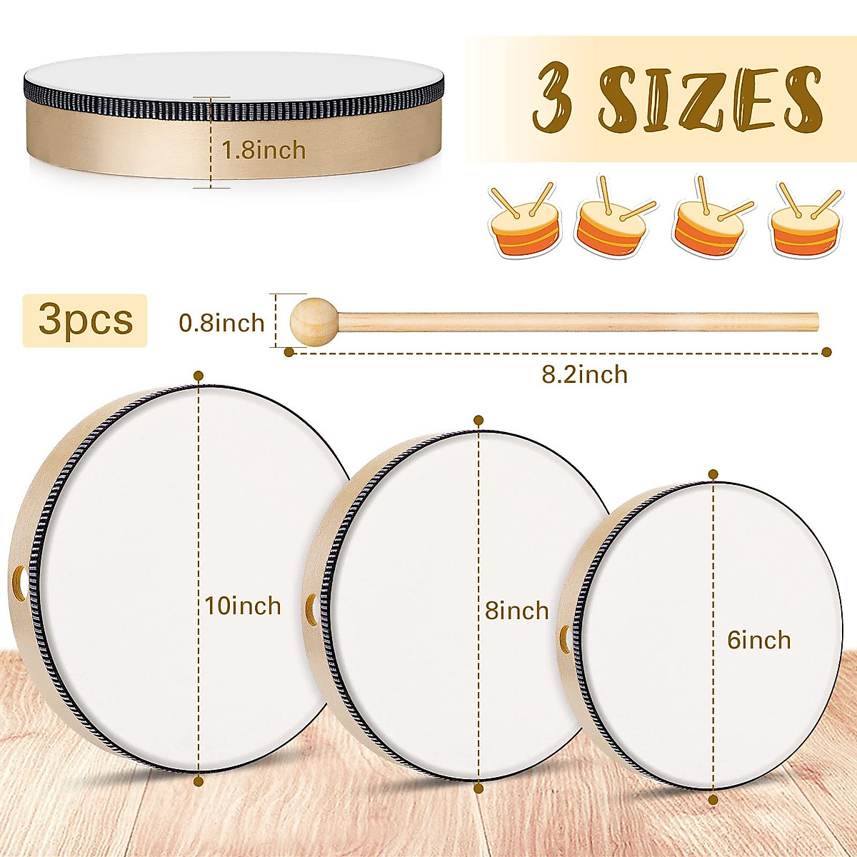Yeshone Hand Drum Percussion Wood Frame Drum with Drum Stick 10 Inch 8 Inch 6 Inch Drums Musical Instruments for Adults Drums Beginners Adults for Home Party Supplies(Wood Color)