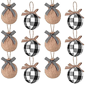 Christmas Decorations Tree Ornaments, 12pcs Buffalo Plaid Burlap Farmhouse Christmas Ornaments, Black White Country Xmas Decor Indoor, Cute Rustic Xmas Balls for Home Office Family Holiday Party