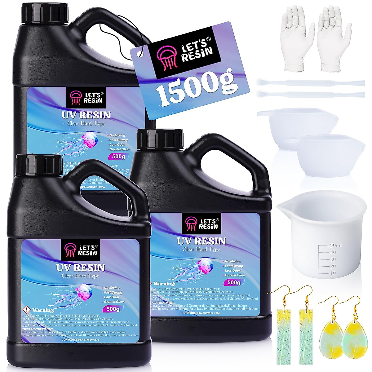 LET'S RESIN Upgraded 1500g Ultraviolet Epoxy Resin, Clear, Odorless & Low Shrinkage, Hard with Silicone Measuring Cups, UV Resin Kit for Jewelry, Craft Decoration