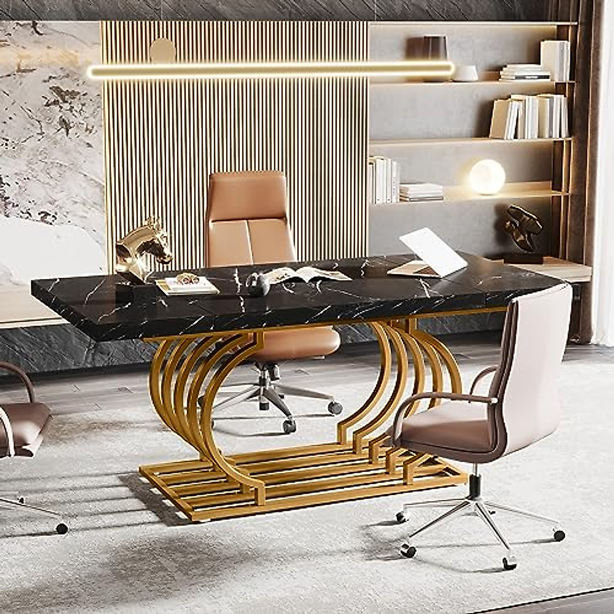 Tribesigns 63" Modern Office Desk, Black and Gold Executive Desk, Large Computer Desk Home Office Desk with Gold Metal Frame, Wood Workstation Study Writing Desk