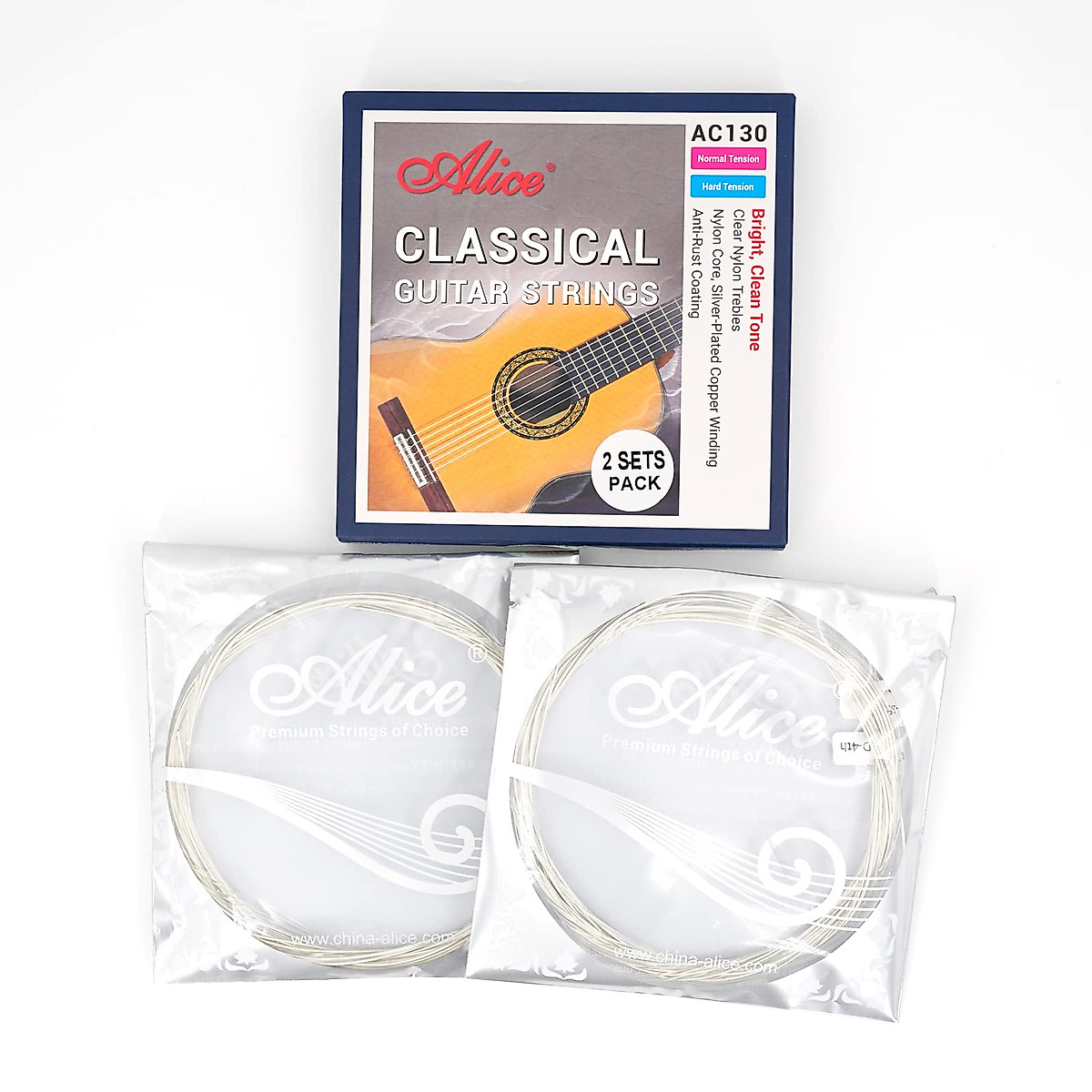 Classical Guitar Strings, Alice 2 Set Classic Guitar 6 Strings Clear Nylon Normal Tension 28-43 Gauge with Anti-Rust Coating, Silver Plated Wrap (AC130)